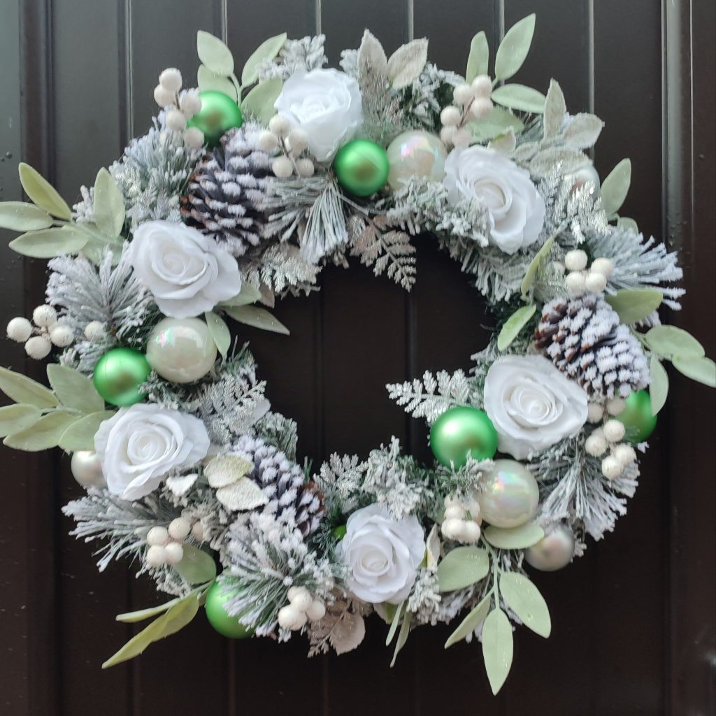 Flocked White, Green and Silver Christmas Wreath - Flower Crown Magic